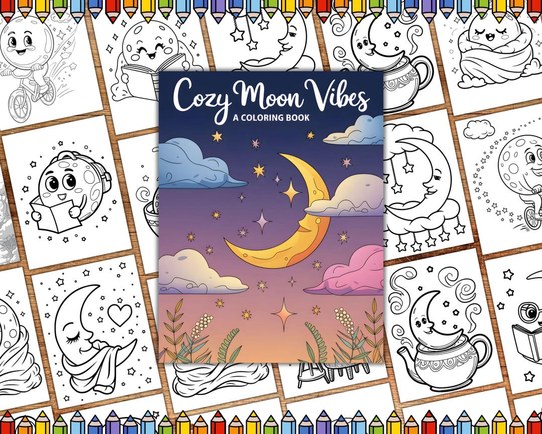 Cute Cozy Moon Coloring Pages, Celestial Sun & Moon Art, Moon Coloring ...