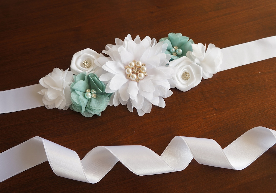 Sage Green and White Flower Sash, White Flower Sash, Wedding Sash ...