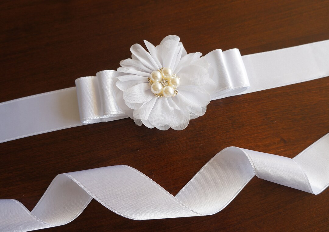 White Flower Sash, Flower Girl Sash, Wedding Sash, Rhinestone Sash ...