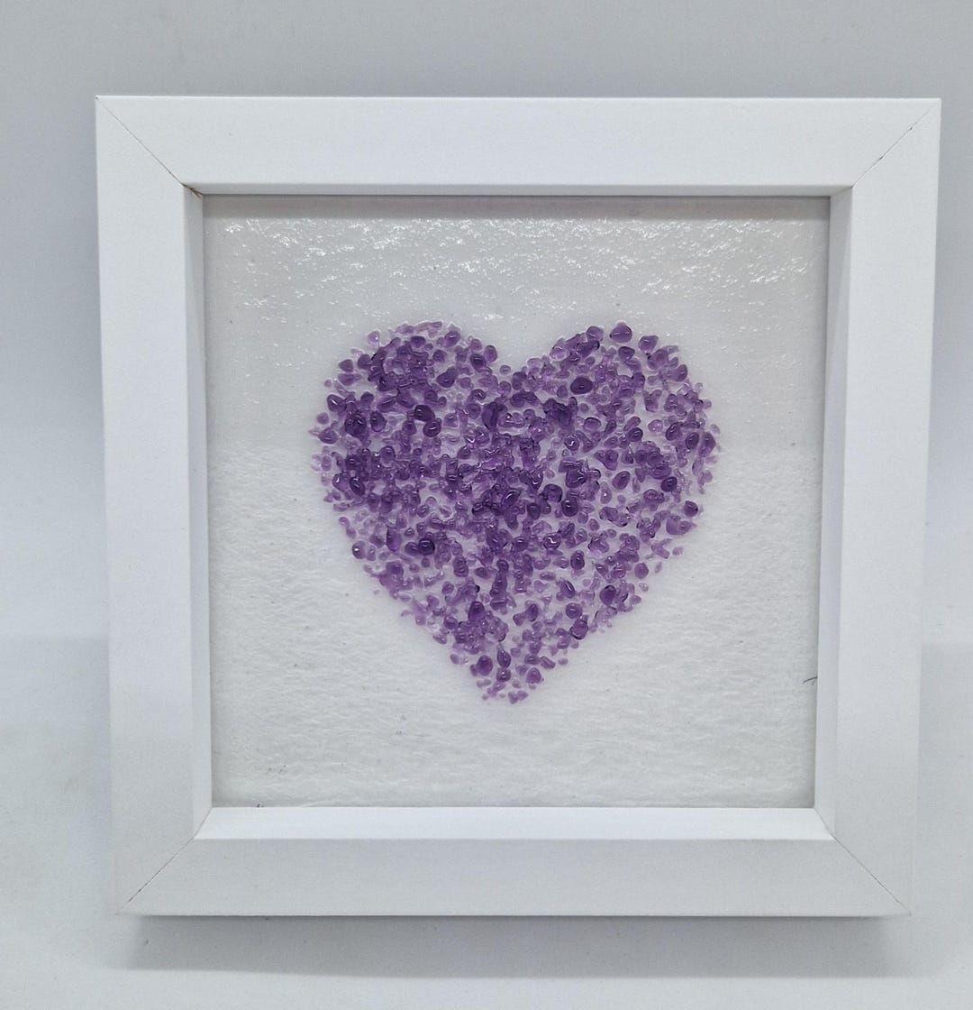 Purple Loveheart Fused Glass Picture, White Framed Wall Art, Purple ...