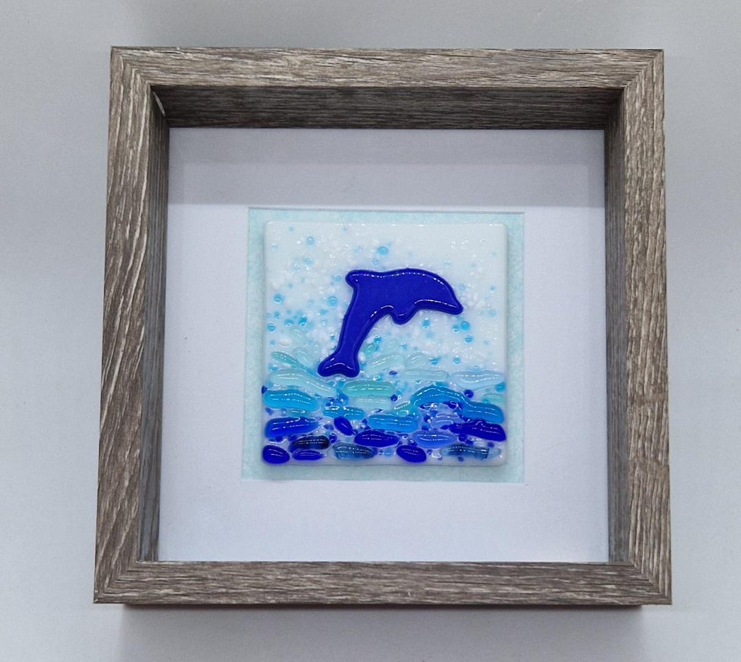 Leaping Dolphin Fused Glass Picture, Wall Art, Square Wood Frame, West ...