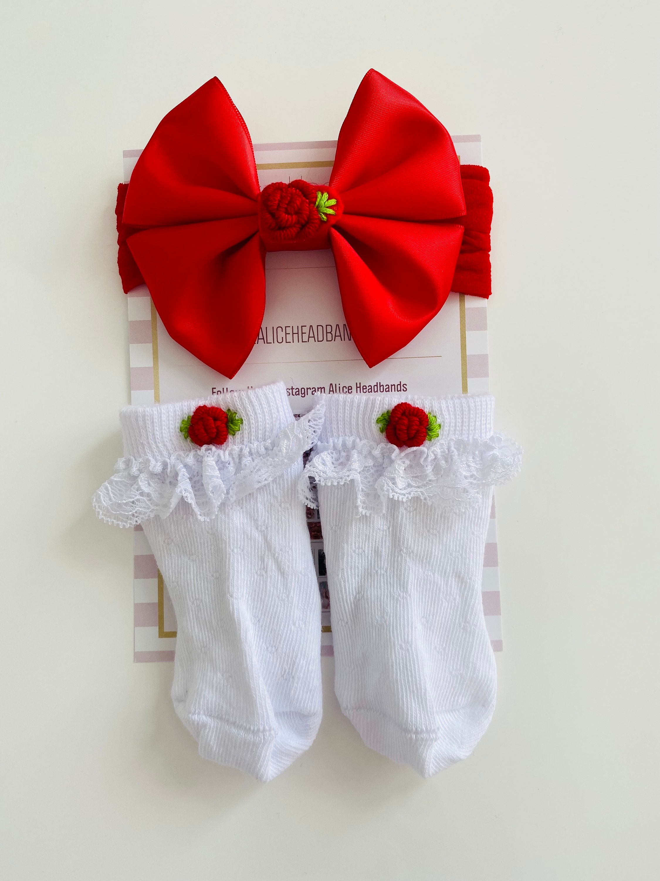 Red Satin Headbands With Matching Sock Red Flower Embroidery Nylon ...