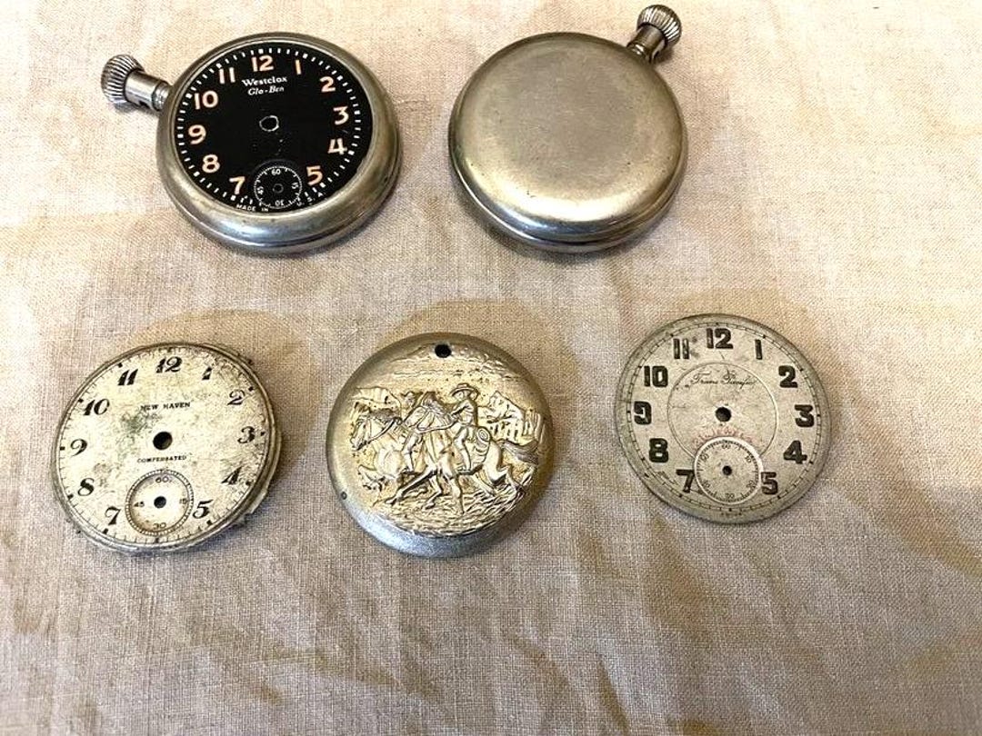 Antique Pocket Watches for Parts Lot of 5 ~cases, Faces, Westclox Glo ...