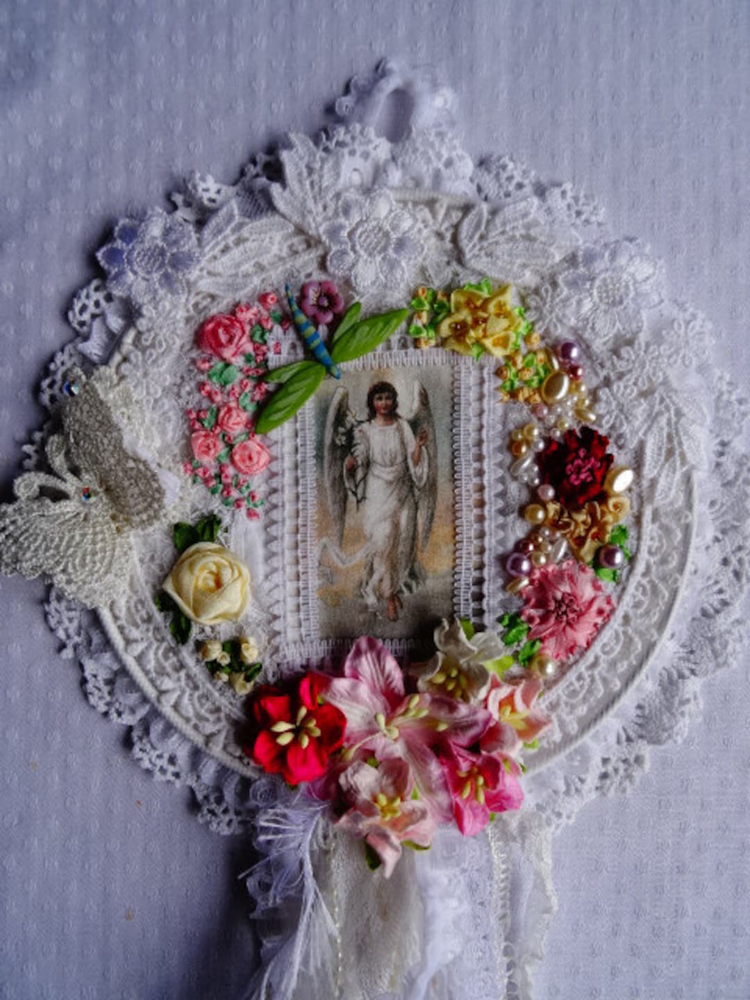 Mixed Media Angel Circular Wall Hanging. Hand Embroidered With Silk ...