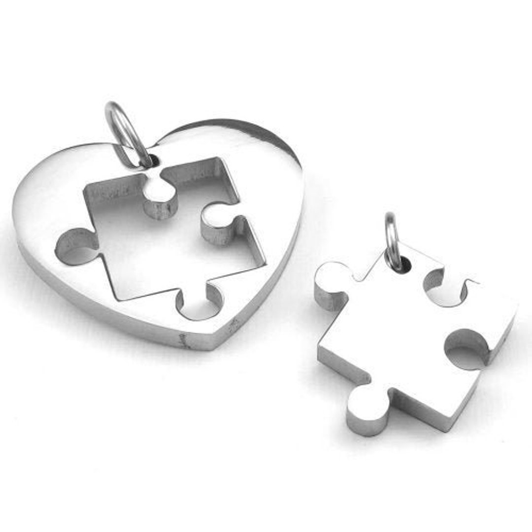 AVELI Two Stainless Steel Interlocking Heart and Puzzle Piece Pendants ...