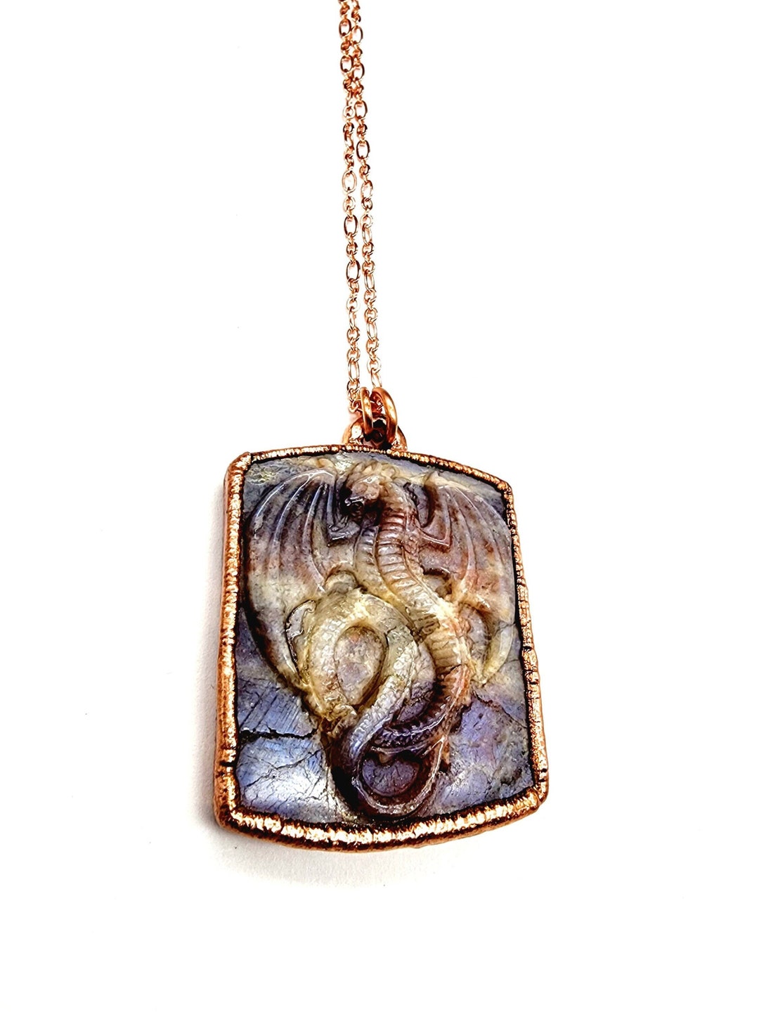 Carved Sunstone Moonstone Dragon Necklace // Electroformed Jewelry ...