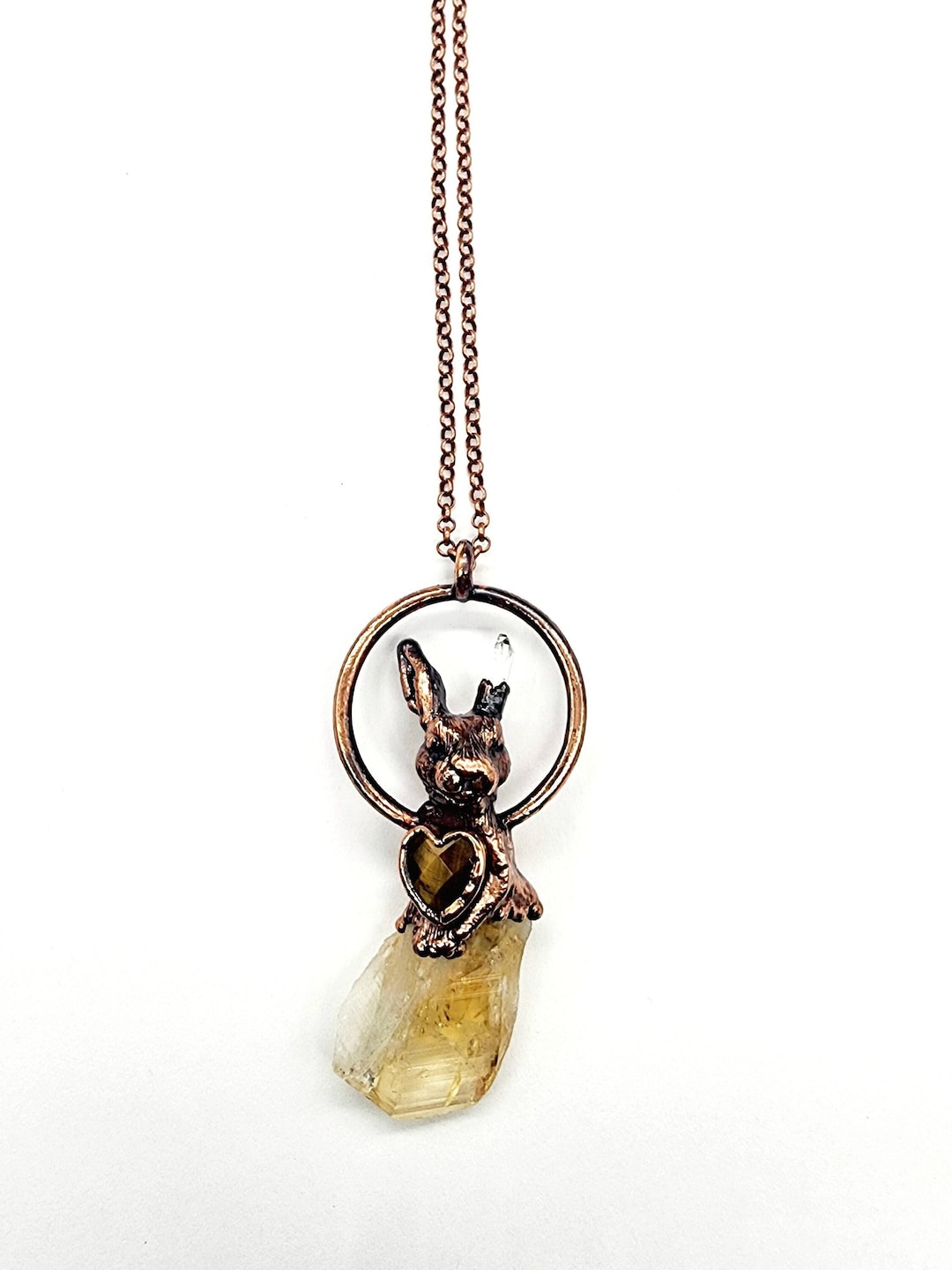 Citrine Rabbit With a Faceted Tiger Eye Heart Necklace // Electroformed ...
