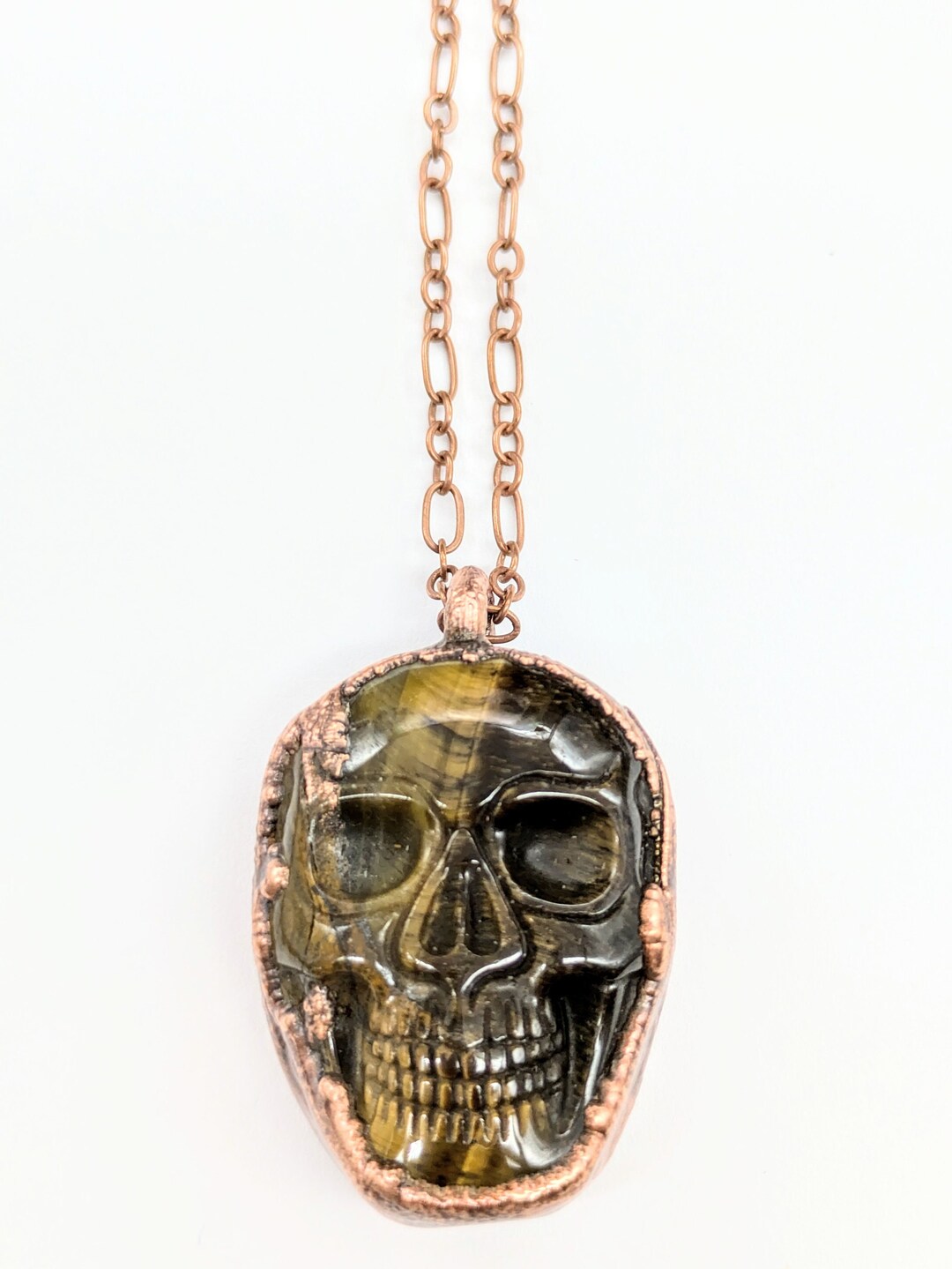 Carved Tiger Eye Skull Necklace // Electroformed Jewelry // Soldered ...