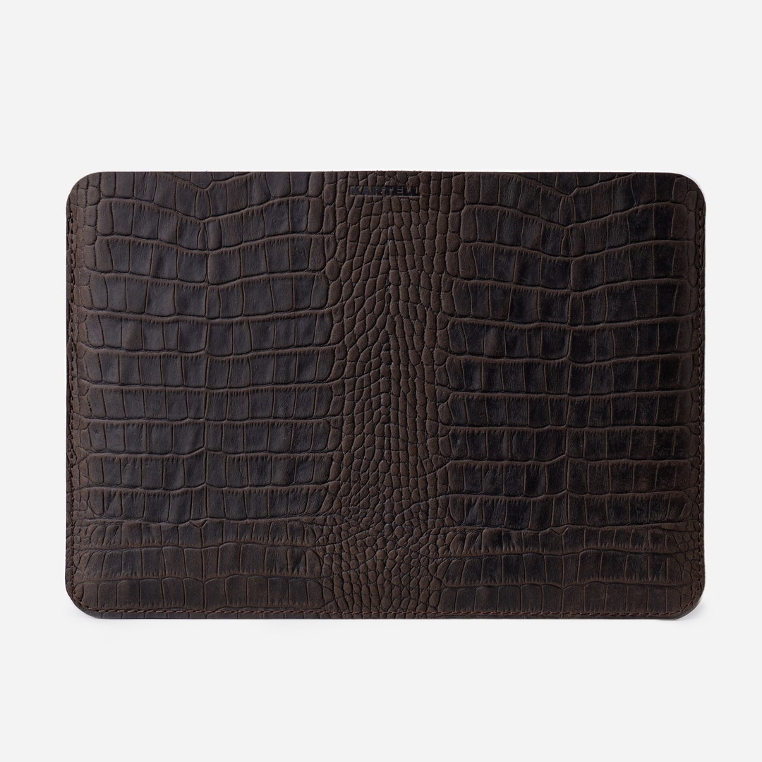 Custom Dark Brown Laptop Case, Crocodile Embossed Leather Computer Case ...