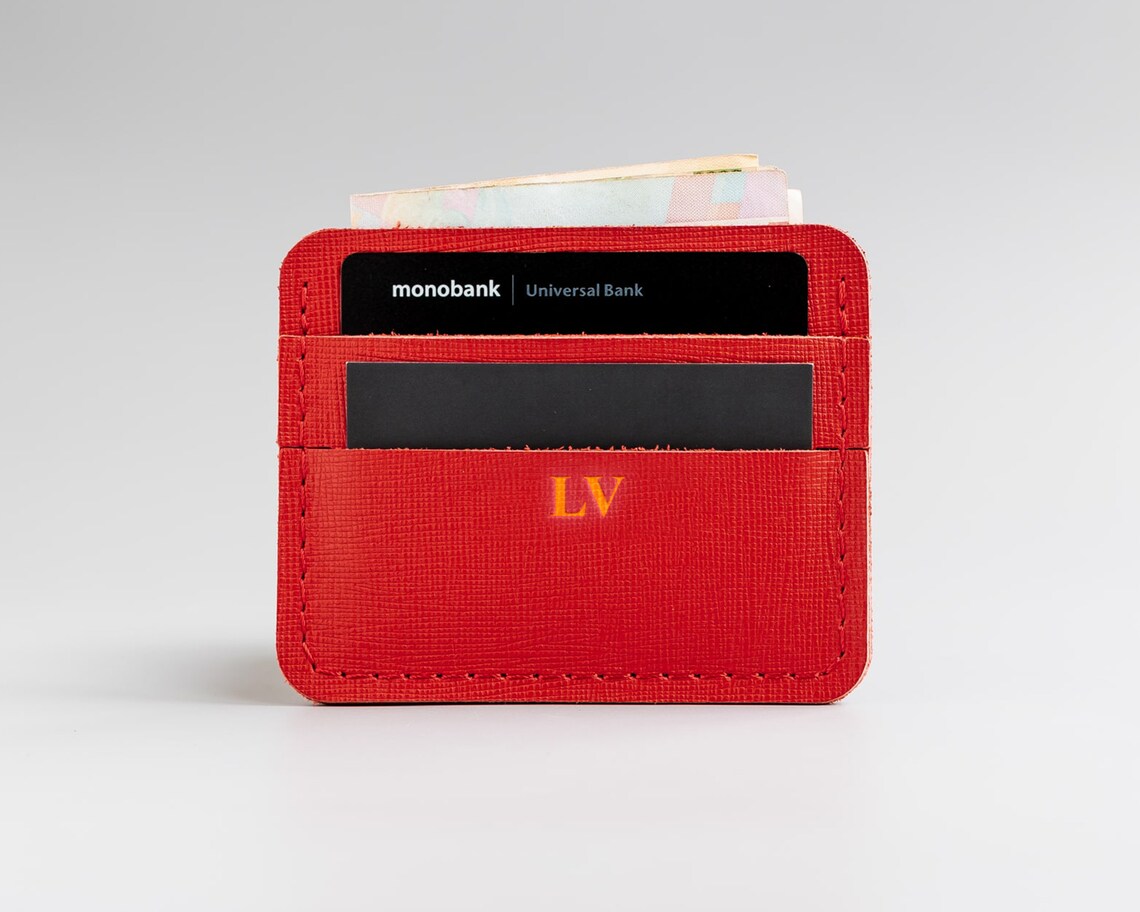 Red Personalized Card Holder, Genuine Leather Slim Card Wallet, Leather ...