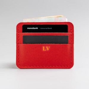 Red Personalized Card Holder, Genuine Leather Slim Card Wallet, Leather ...