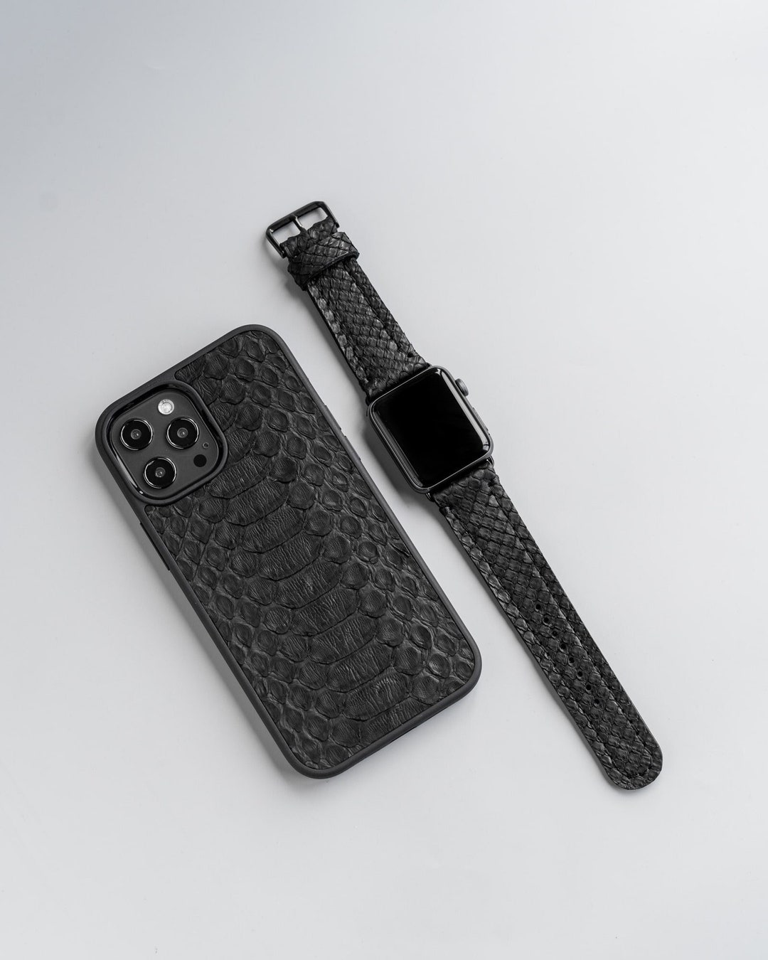Black Python Skin Set iPhone 13 Pro Max Apple Watch 6, Python Leather Set for iPhone 13 Pro and ...