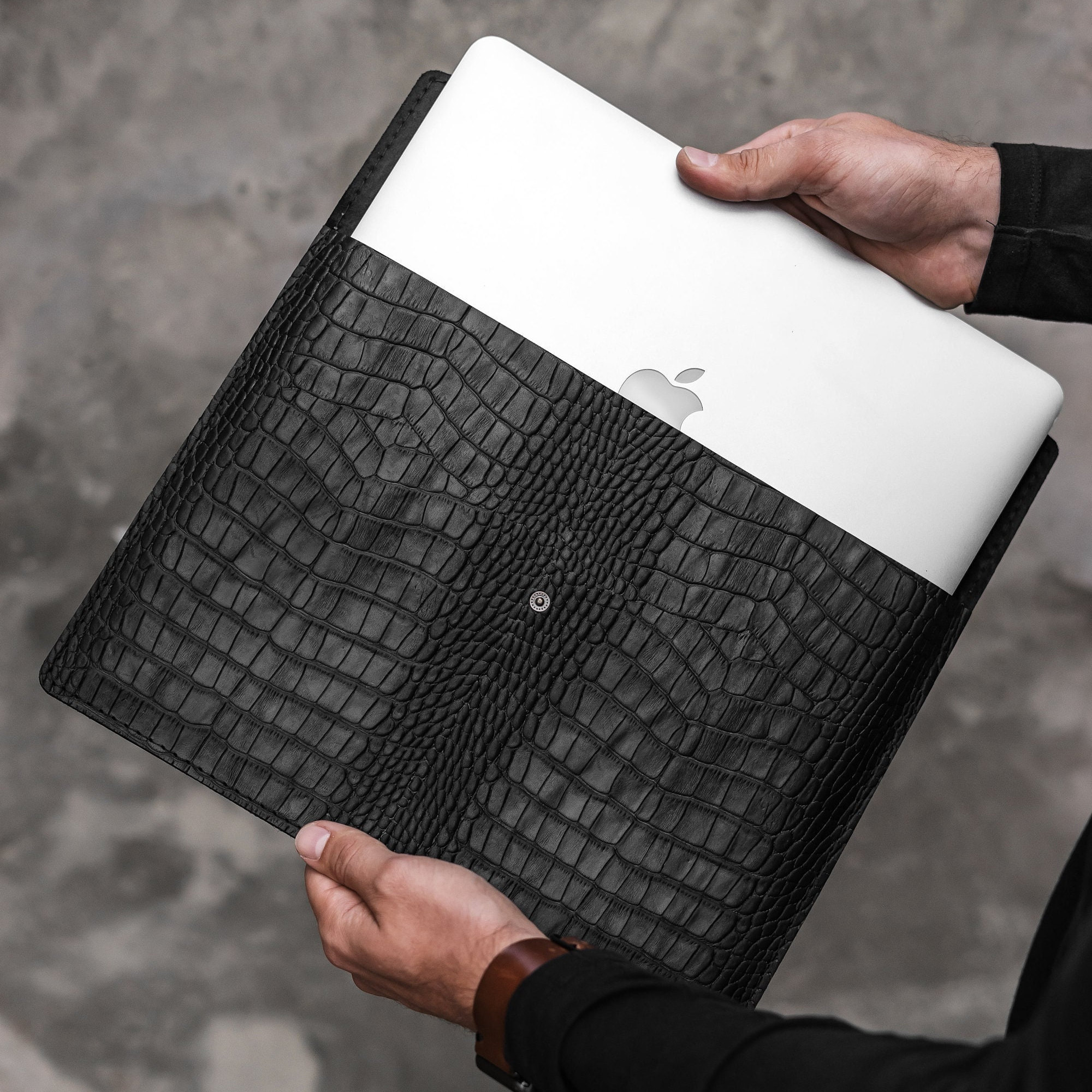 Personalized Leather Computer Case, Crocodile Embossed Laptop Sleeve ...