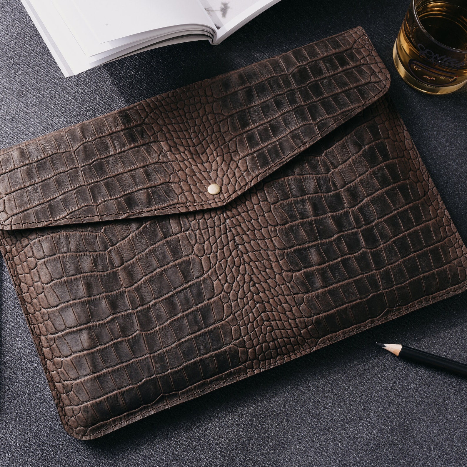 Personalized Leather Computer Case, Crocodile Embossed Laptop Sleeve ...
