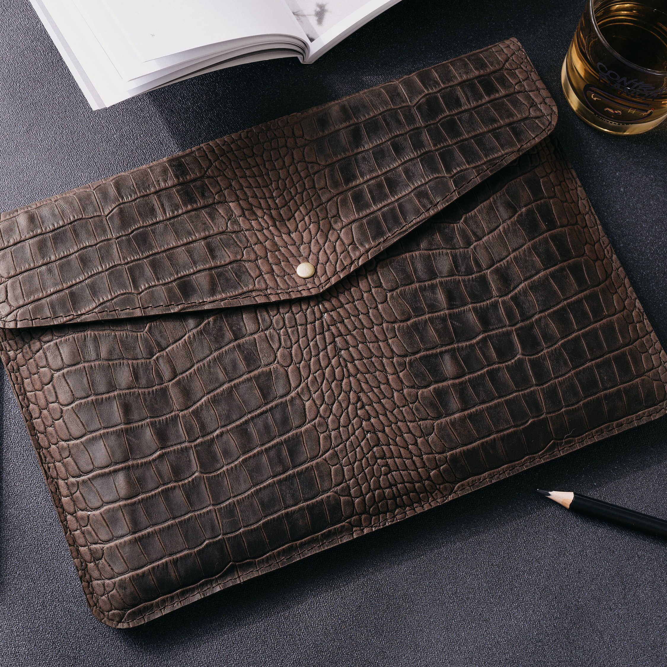 Personalized Leather Computer Case, Crocodile Embossed Laptop Sleeve ...