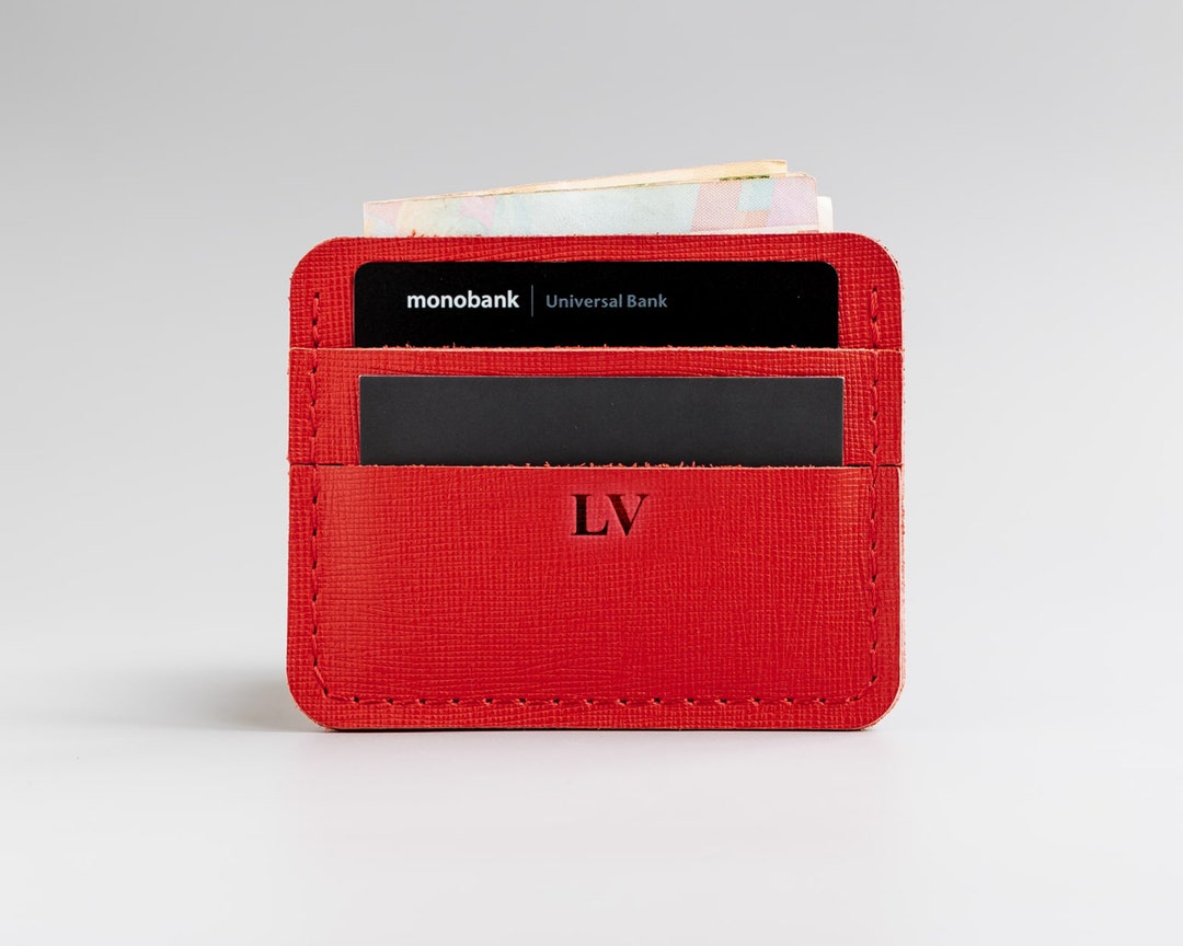 Red Personalized Card Holder, Genuine Leather Slim Card Wallet, Leather ...