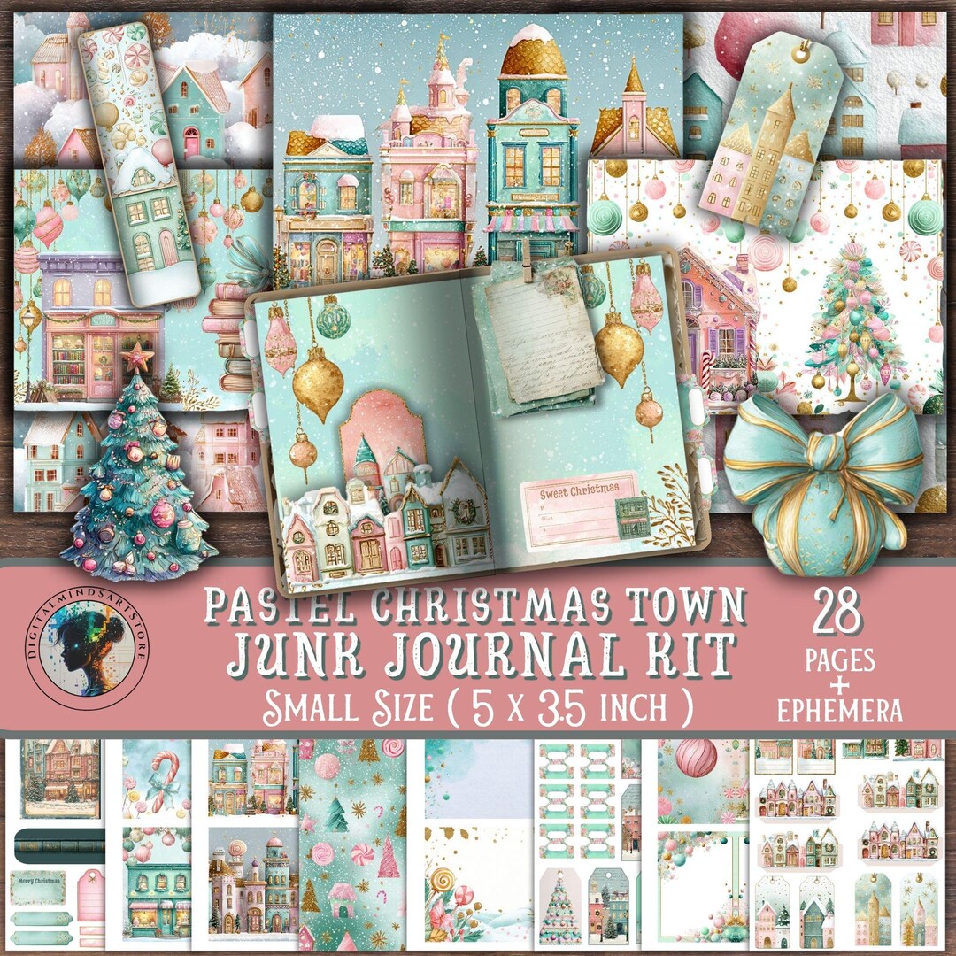 Pastel Christmas Town Junk Journal Kit, Small Size (5 X 3.5 Inch ...