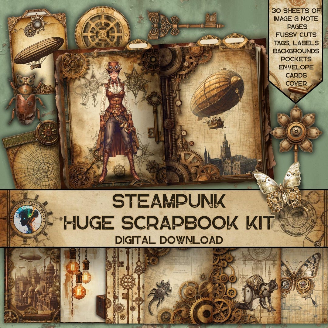 Steampunk Scrapbook Kit, Printable Papers, Digital Download - Etsy