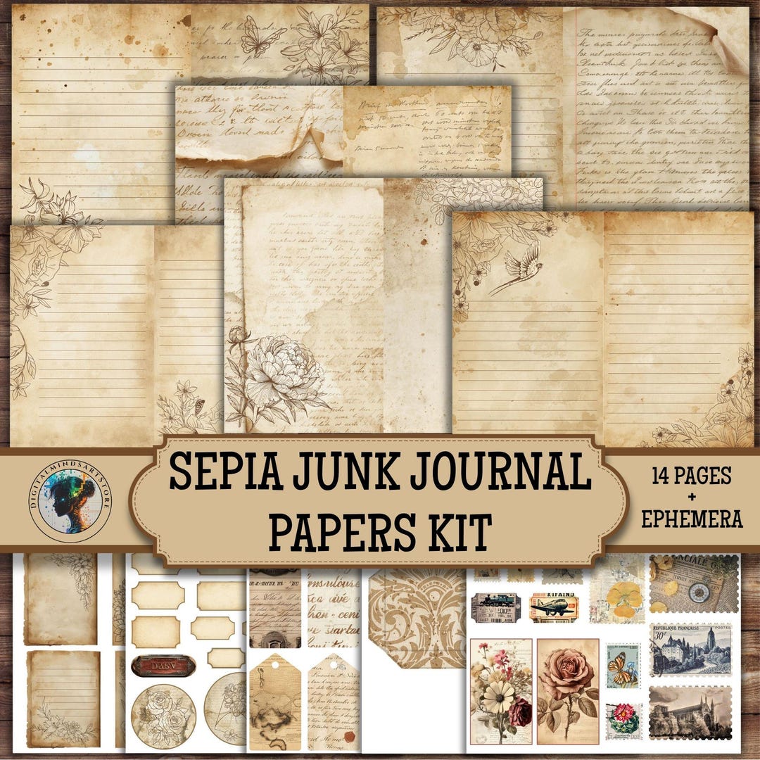 Sepia Junk Journal Papers Kit, Ephemera & Scrapbook Papers (digital ...
