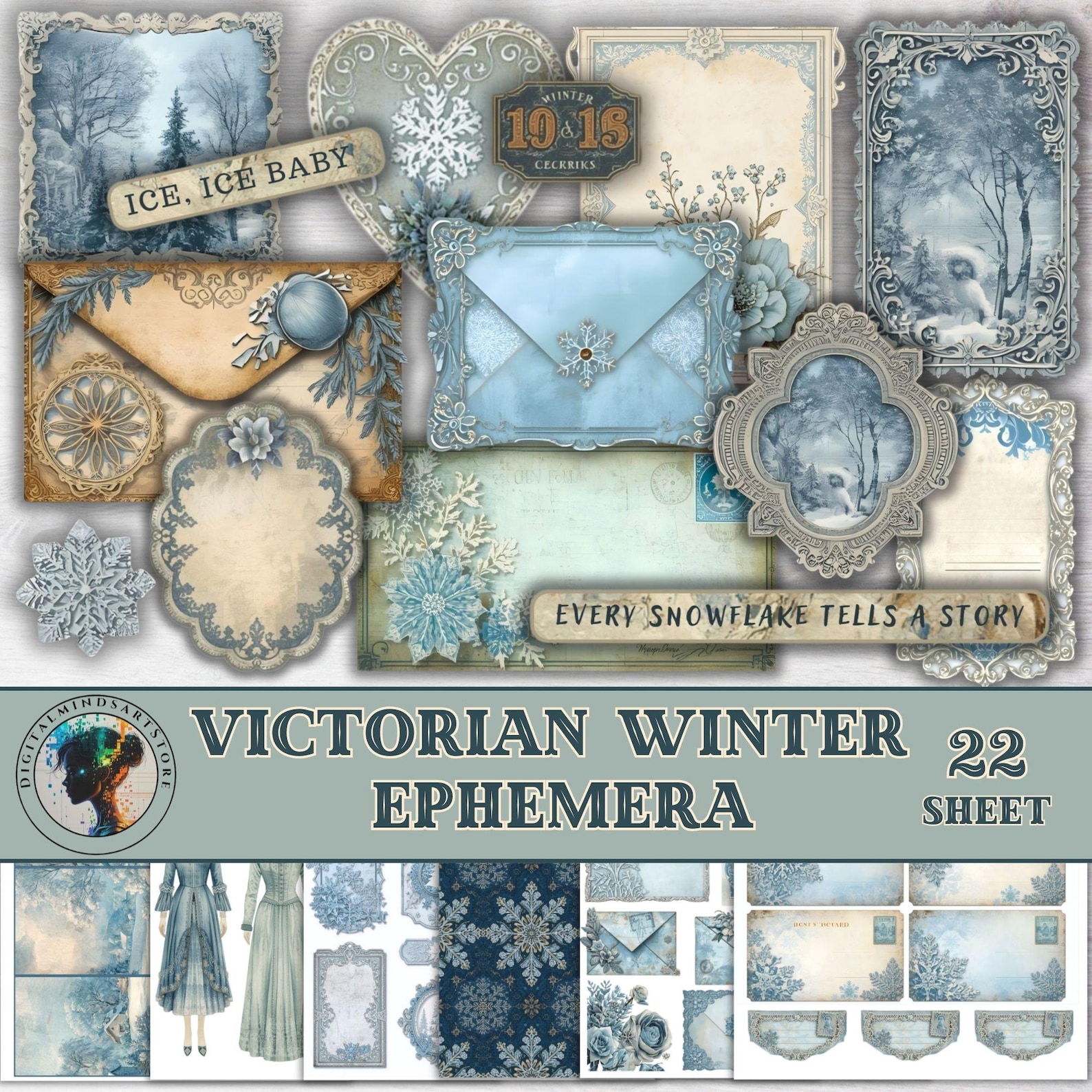 Victorian Winter Digital Ephemera Pack,blue Printable Papers - Etsy