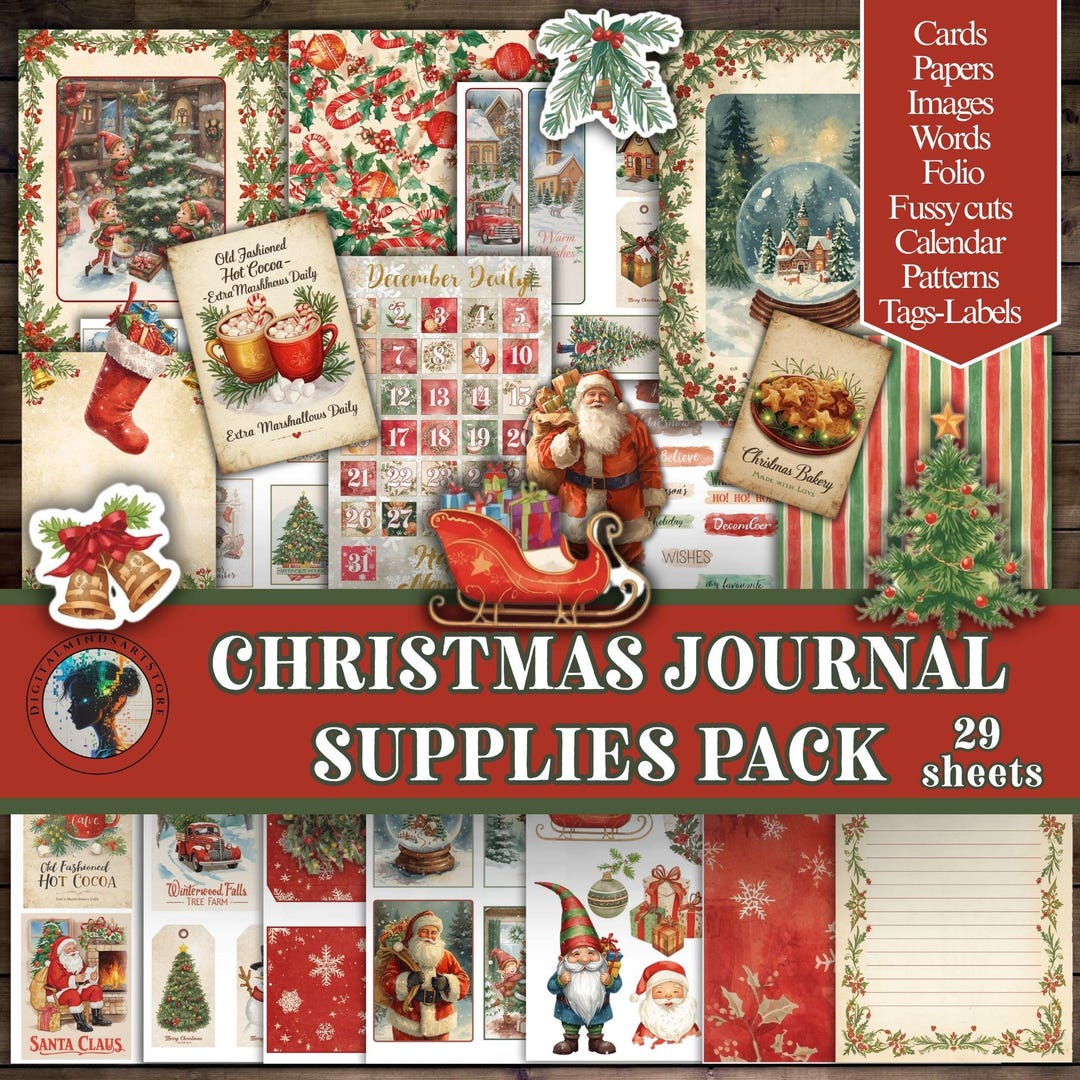 Christmas Journal Supplies Pack, Vintage Holiday Scrapbooking Kit ...