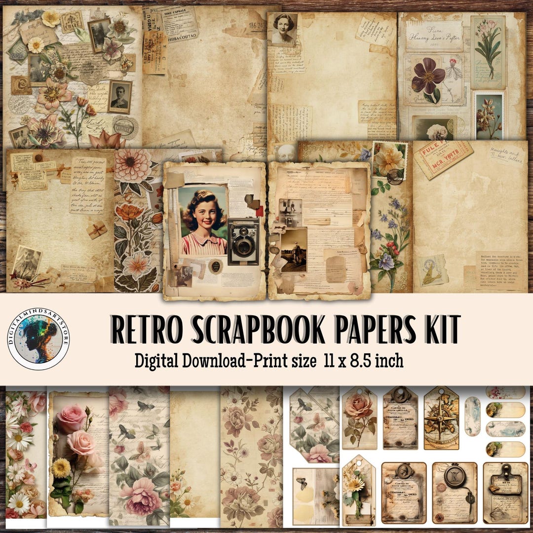 Retro Scrapbook Papers Kit , Digital Download, Collage & Botanical ...