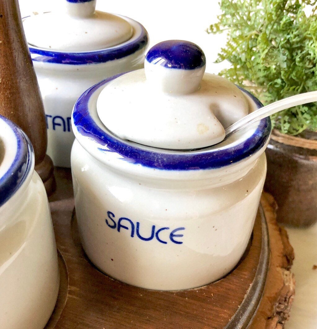 Vintage Condiment Set Mustard, Relish, Sauce, Ketchup Blue Ceramic ...