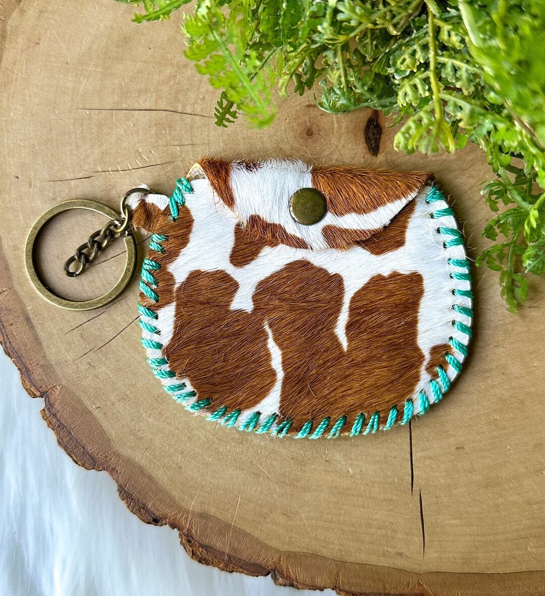 Brown Cow Print Teal Blue Stitching Coin Pouch Money Bag Animal Purse ...