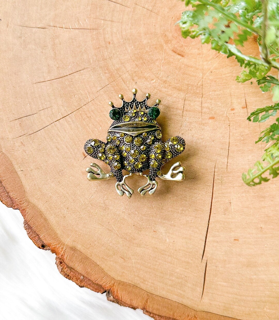 Frog Prince Charming Crown Gold Tone Bling Crystal Brooch Green Colored ...