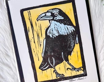 Vintage Crow Hand Carved Lino Print 8 X 10, Archival Block Printing Ink ...