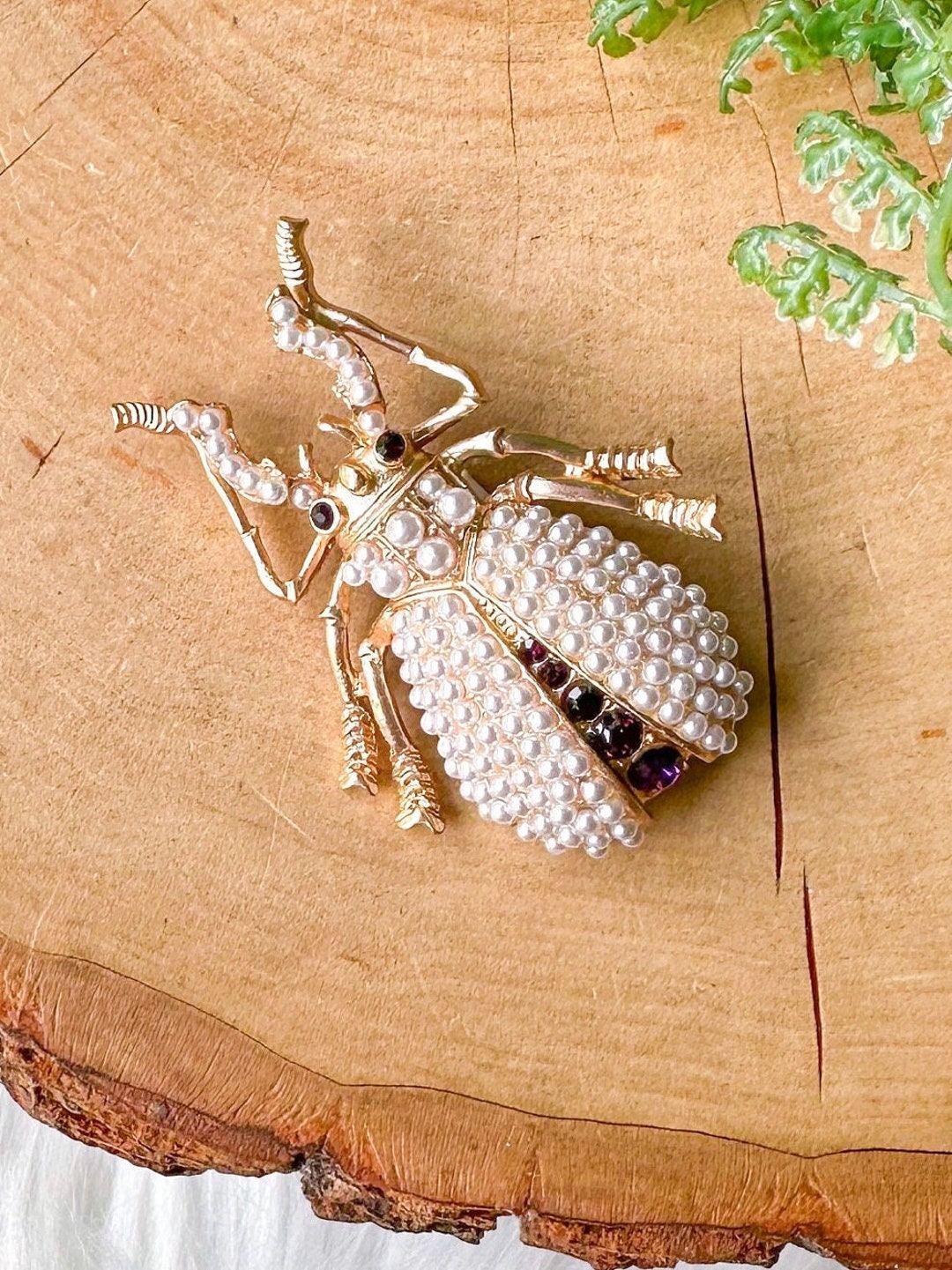 Beetle Insect - Pearl Bead & Purple Crystal Inlaid Matte Gold Tone ...