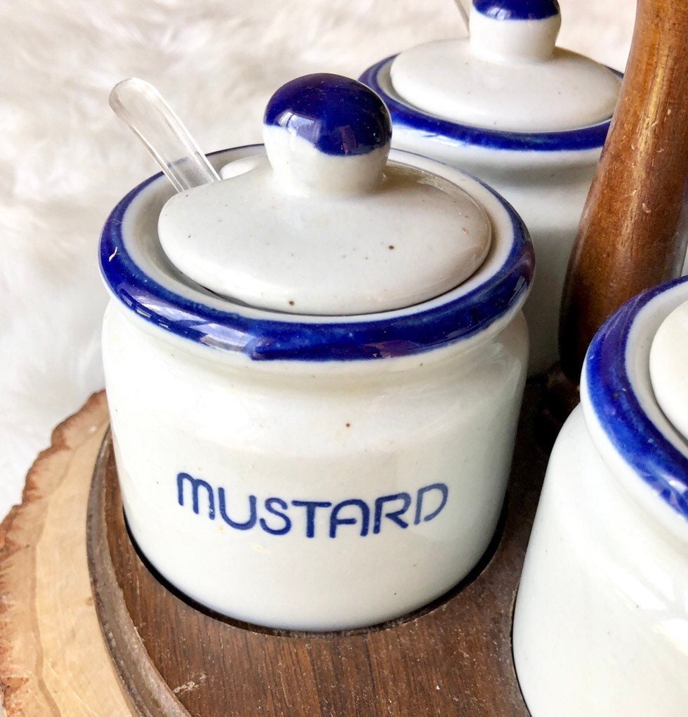 Vintage Condiment Set Mustard, Relish, Sauce, Ketchup Blue Ceramic ...