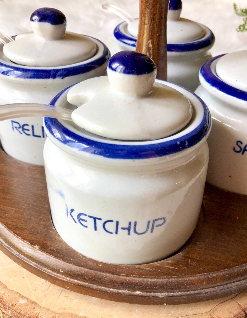 Vintage Condiment Set - Mustard, Relish, Sauce, Ketchup - Blue Ceramic ...