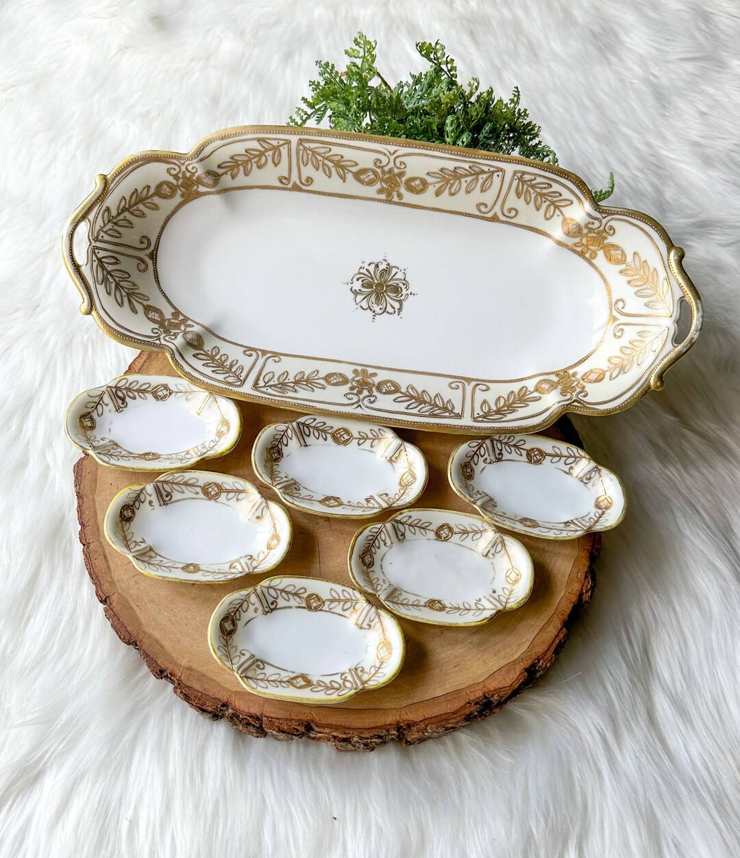 Nippon Celery Sushi Serving Dish 6 Salt Cellars Hand Painted Gold ...