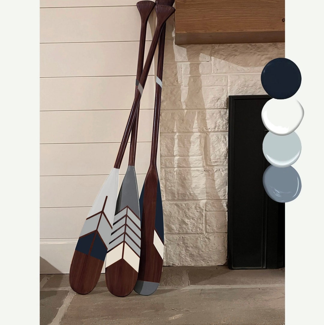 Set of 3 Hand Painted Decorative Canoe Paddle Oars - Polo Blue Feathers ...