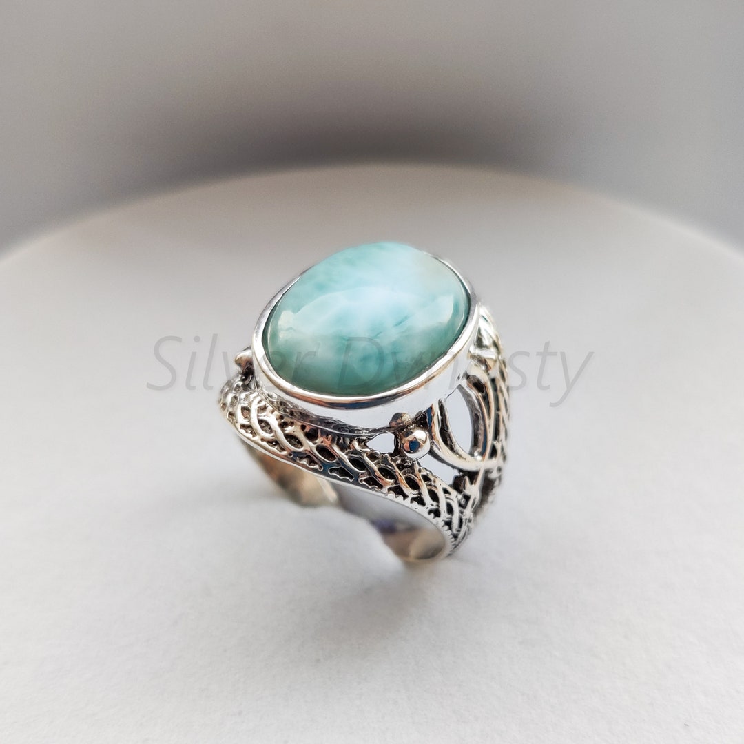 Handmade Oval Larimar Ring: 925 Sterling Silver Boho Ring - Etsy