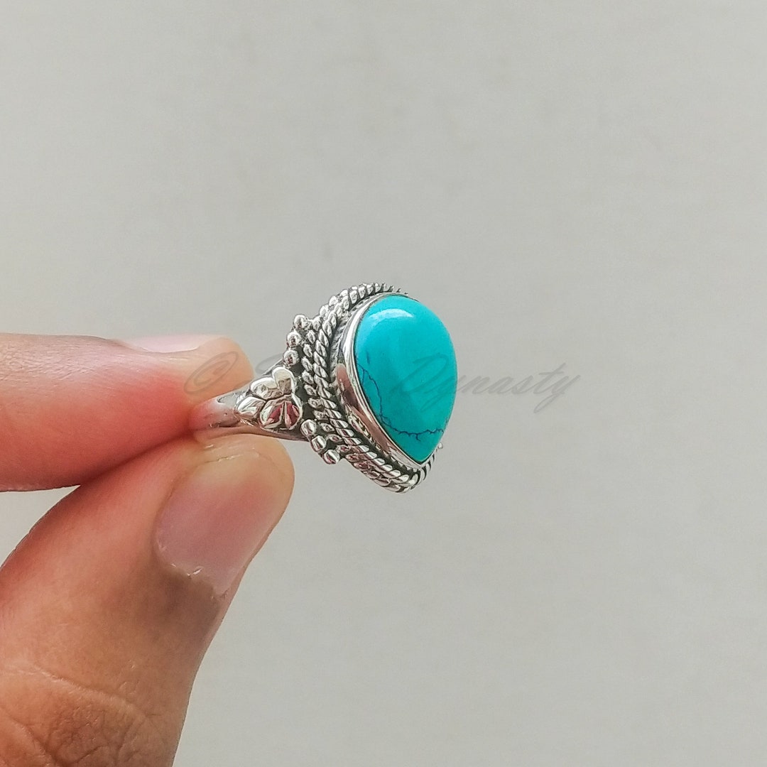 Pear Turquoise Sterling Silver Ring: Handmade Boho Gemstone Statement ...