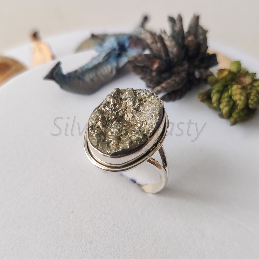 Natural Pyrite Statement Ring: Oval Rough Stone, 925 Sterling Silver - Etsy
