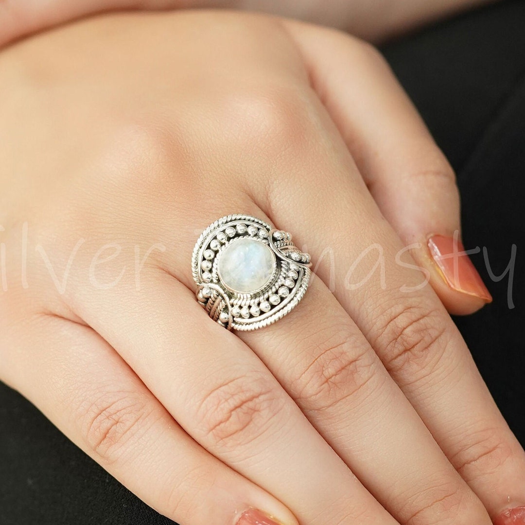 Natural Rainbow Moonstone Ring, Boho Moonstone Ring, Sterling Silver ...