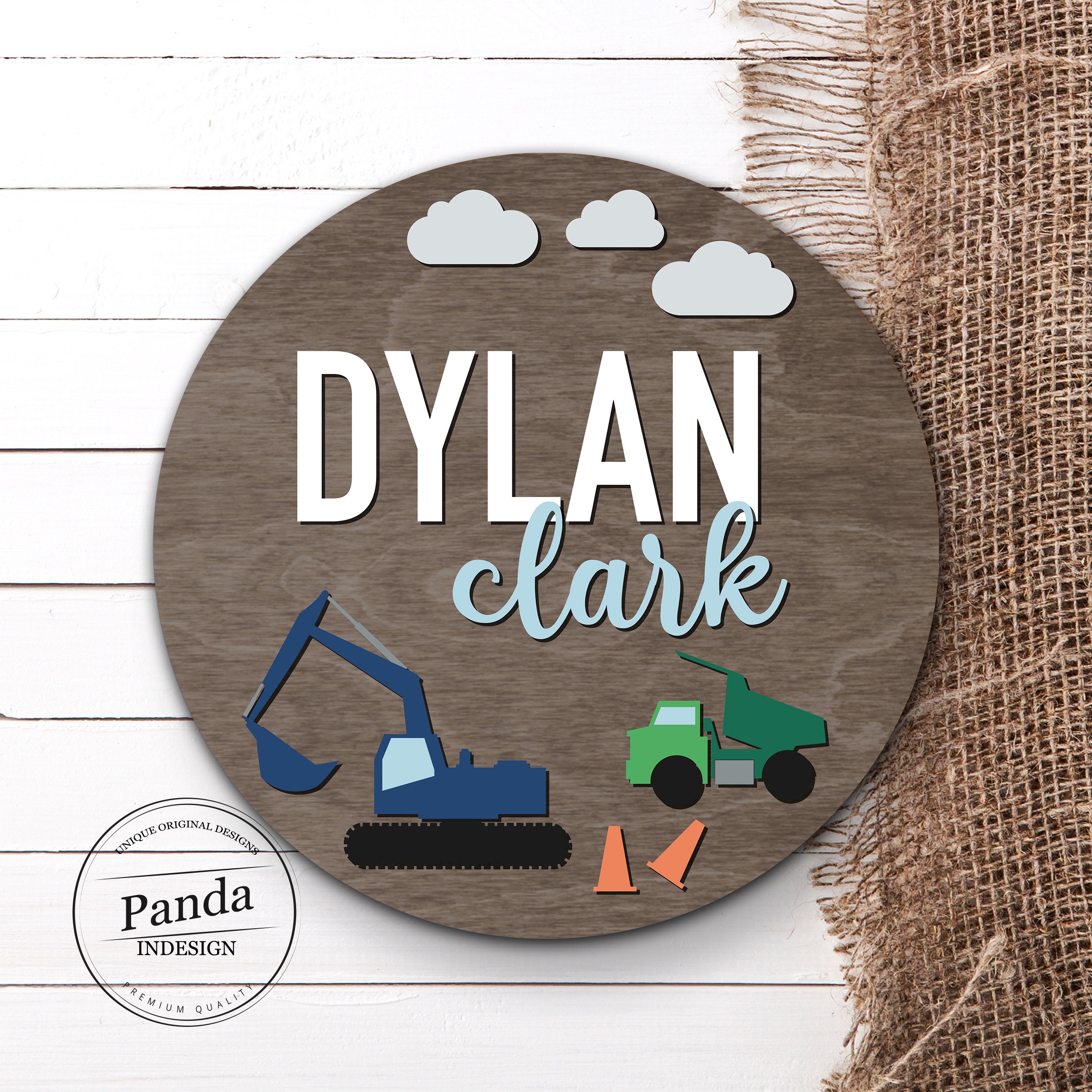 Personalized Nursery Decor, Circle Sign, Construction Nursery Decor ...