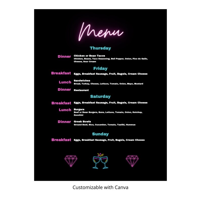 Bachelorette Party Itinerary, Menu, and Rules Neon - Etsy