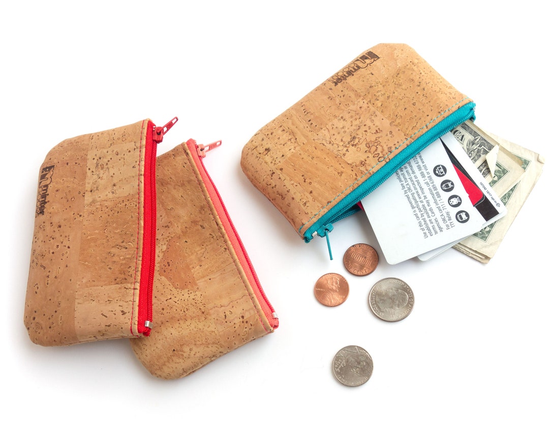 Leather Coin Pouch With Zip. Made of Natural Cork Fabric. Mini Zipper ...