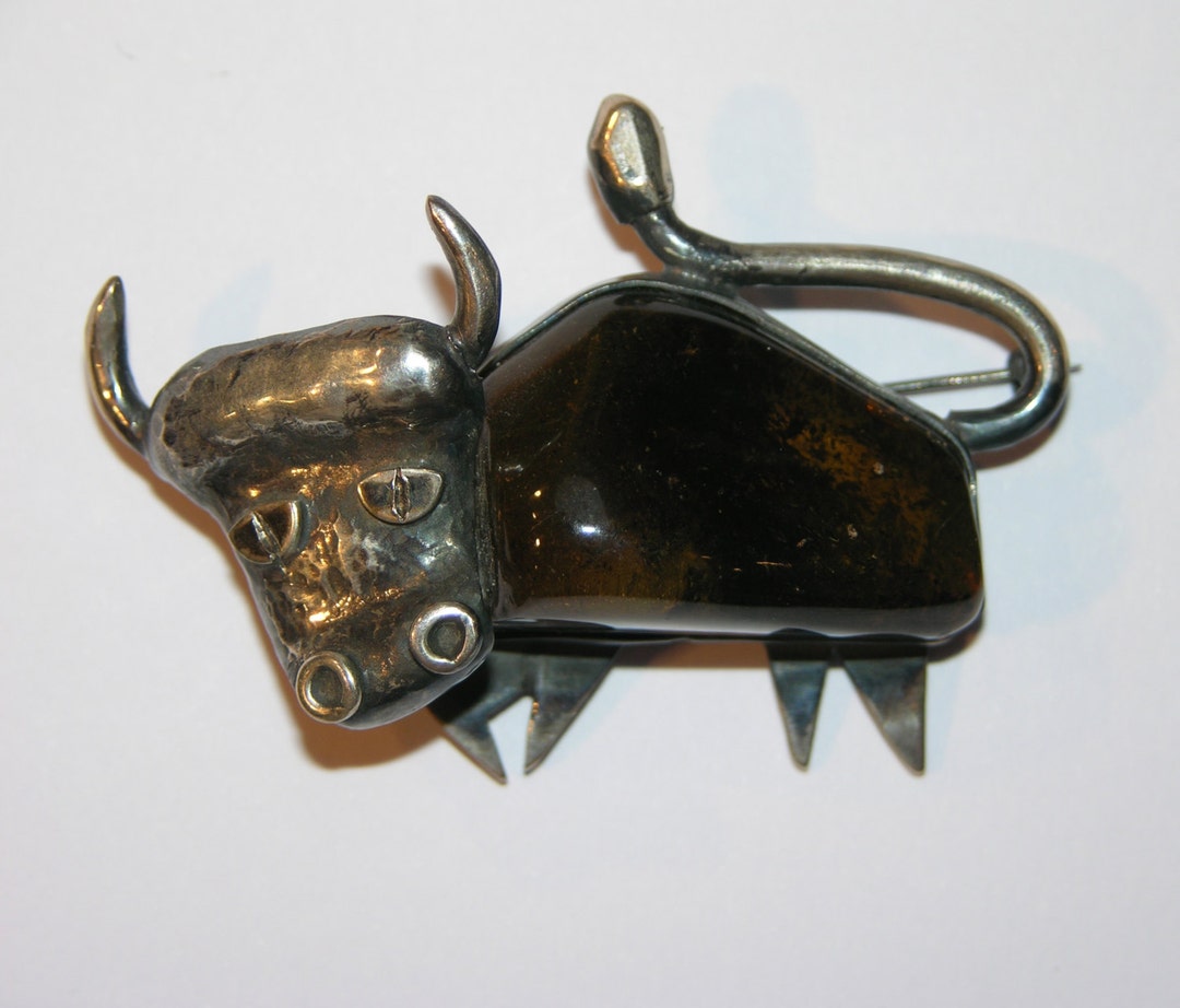 Bull Brooch Pin Amber Sterling Silver Gift Idea Handmade - Etsy
