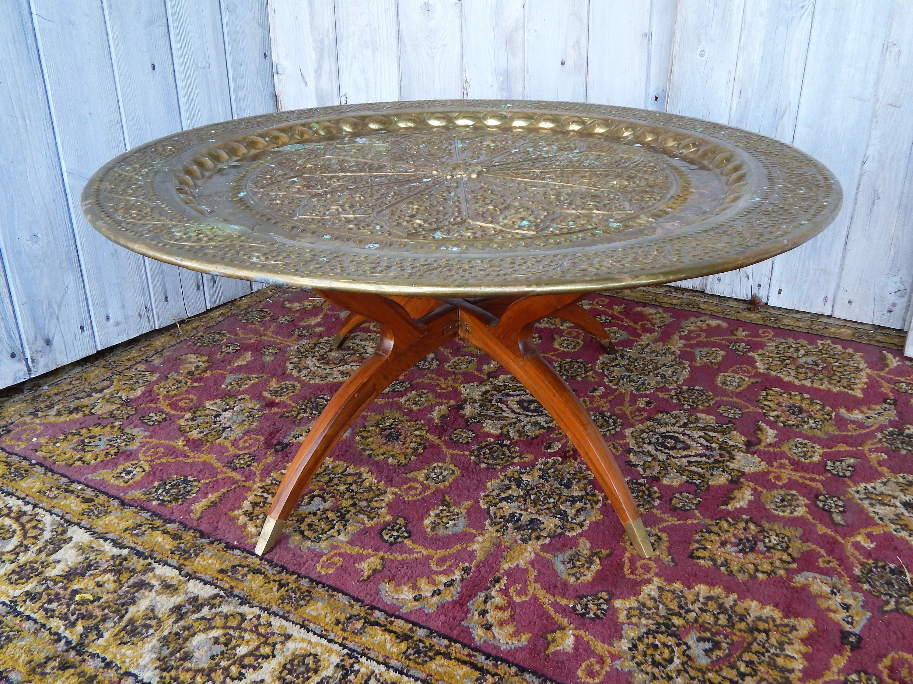 c. 1965 Asian Brass Table w/ Folding MCM Spider Leg Base