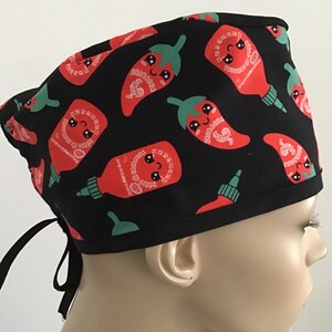 UNISEX SCRUB CAP Featuring Sriracha Hot Sauce Print With Whimsy Peppers ...