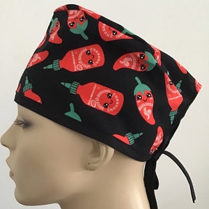 UNISEX SCRUB CAP Featuring Sriracha Hot Sauce Print With Whimsy Peppers ...