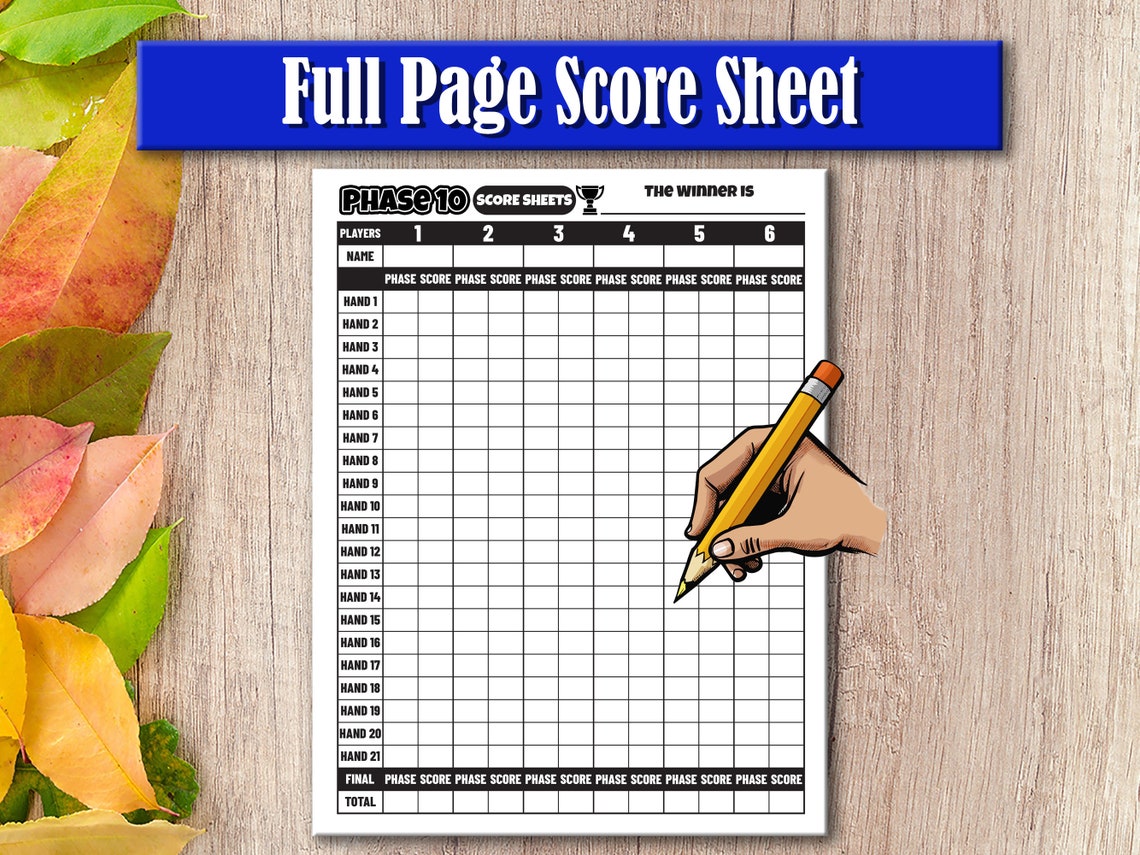 Phase 10 Score Card - Printable Card Game Score Sheet - Phase Ten Score ...