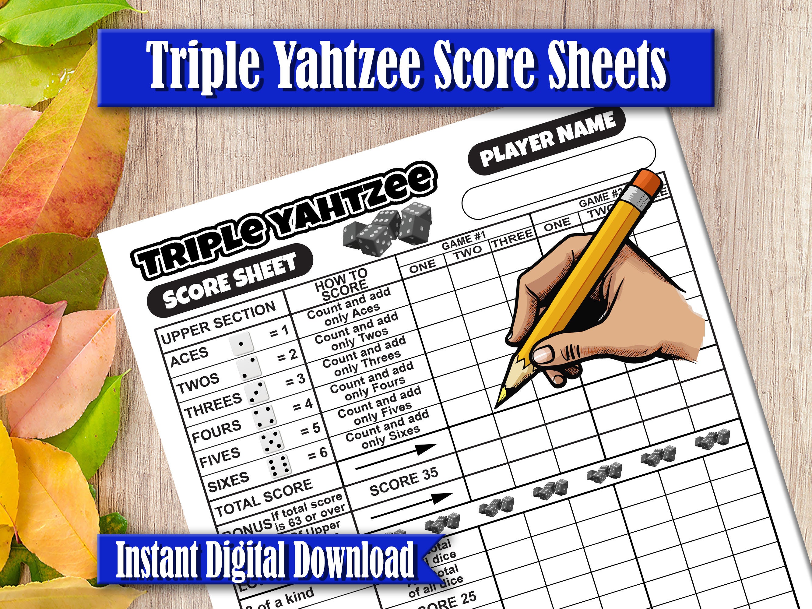 Triple Yahtzee Score Sheet – Printable Large Score Card Pad - Instant ...