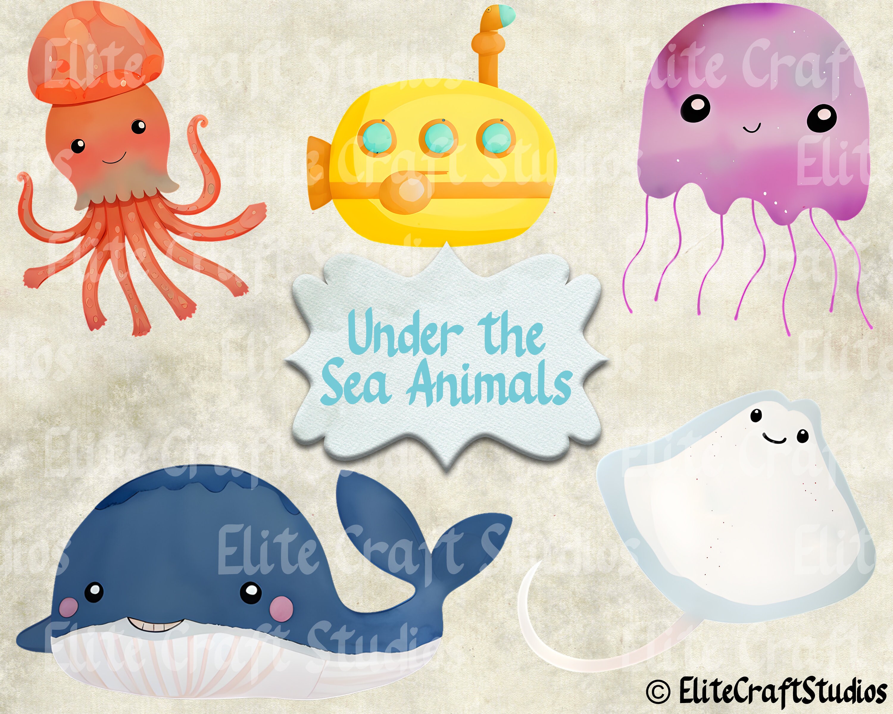 Under the Sea Animal Clipart Bundle Set, Cute Sea Creatures Octopus ...