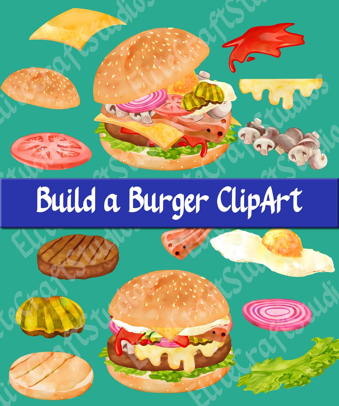 Watercolor Burger Clipart Set: Build-your-own Cheeseburger (digital ...